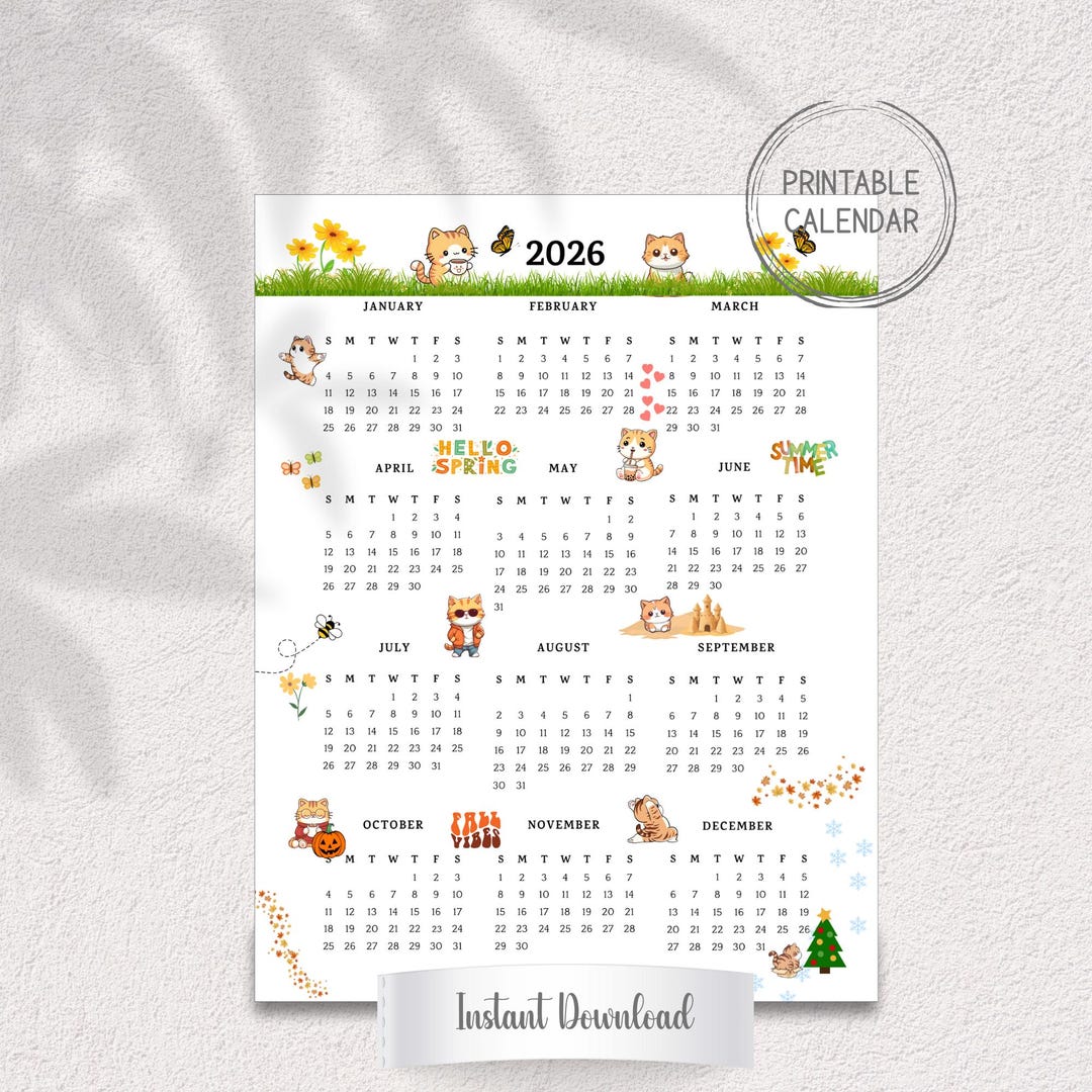 Cat 2026 Wall Calendar | Purrfectly Cattitude Printable (8.5 X 11 ...