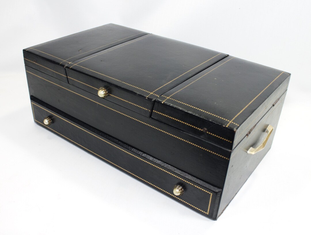Vintage Mid-century Jewelry Box Black Vinyl Pearl Knobs Silver Hardware ...