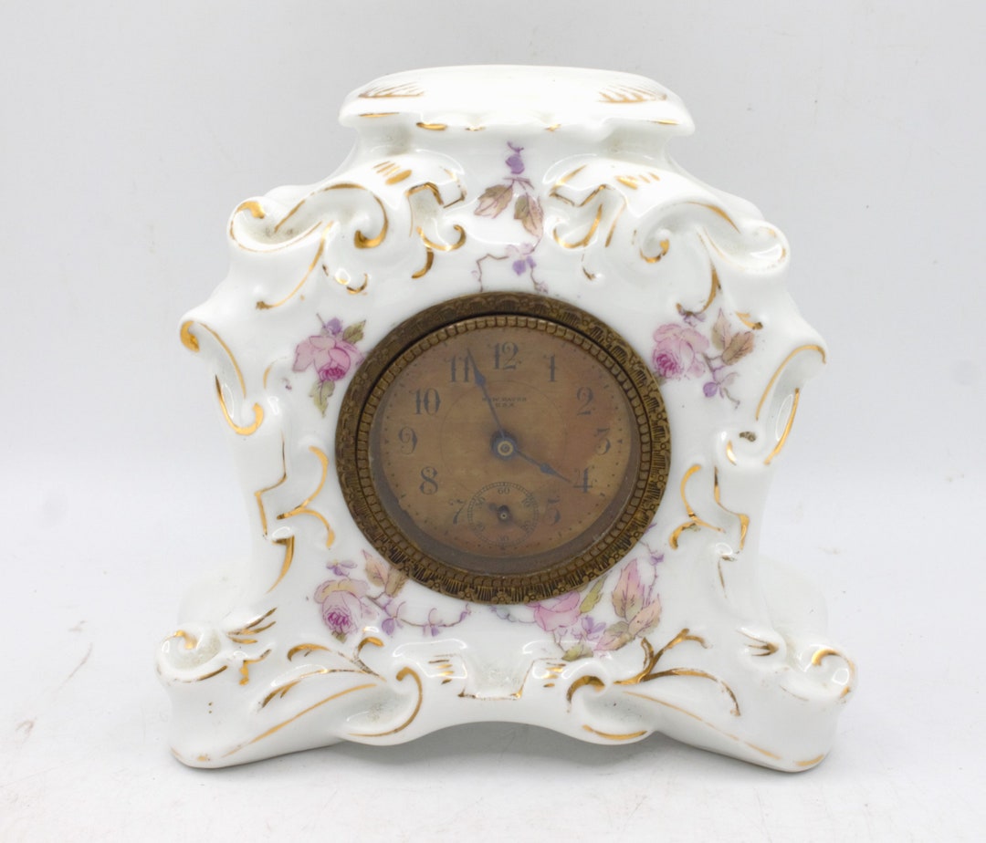 Vintage Ceramic Mantle Clock Fine Porcelain Pink Floral Pattern Gold ...