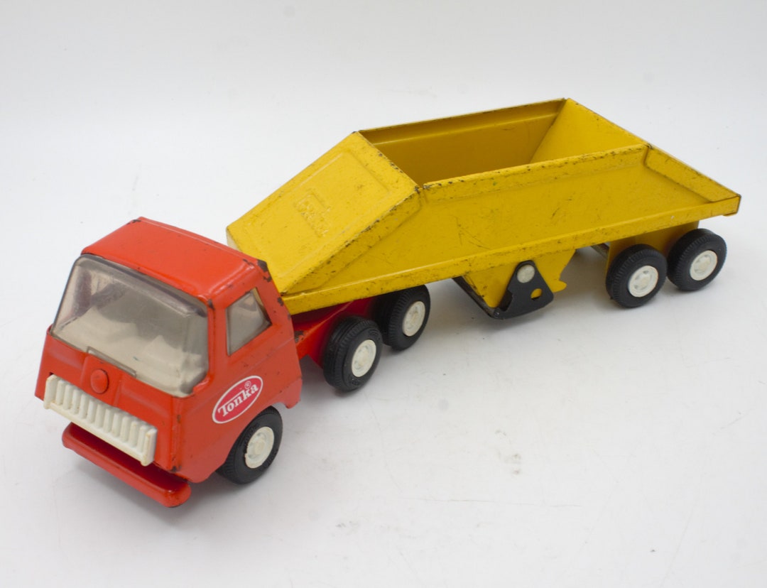 Vintage Tonka Toy Truck Gravel Dirt Rock Semi-trailer Orange Cab Yellow ...