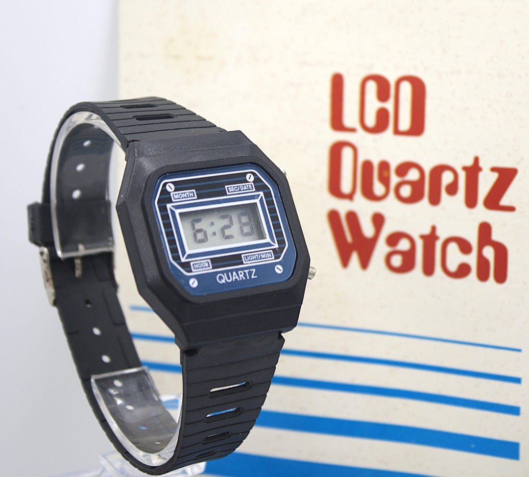 Vintage 1980s Digital Watch LCD Electronic Quartz Black Sport Blue ...