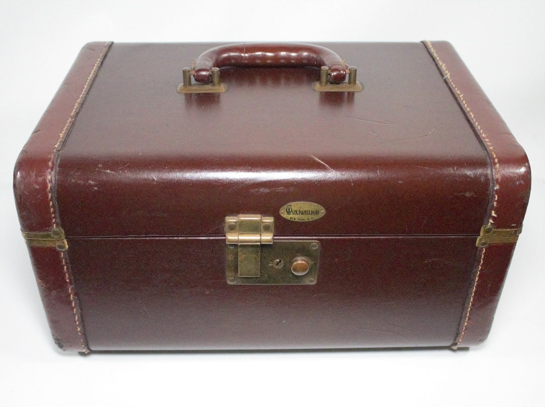 Vintage Maximillion NY Train Case Suitcase Dark Brown Leather Brass Red ...