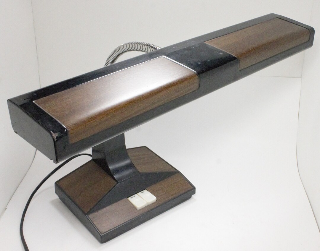 Vintage Desktop Fluorescent Lamp Woodgrain Black Steel Chrome Gooseneck ...