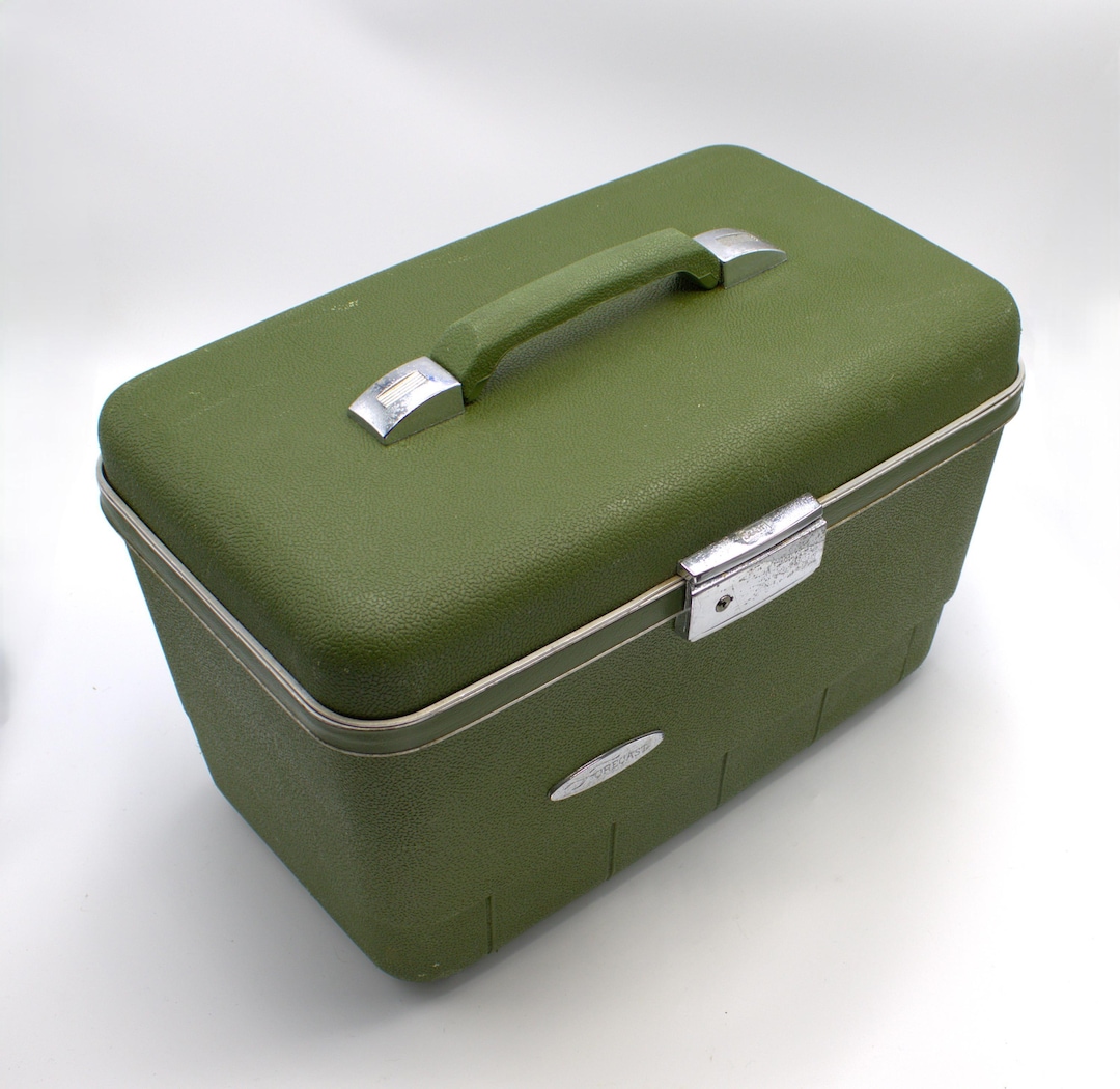Vintage Sears Forecast Train Case Travel Luggage Olive Green Aluminum ...