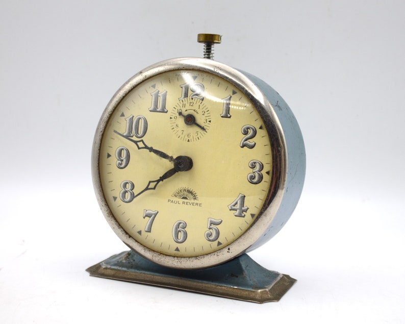 Vintage 1930s Paul Revere Alarm Clock Blue Metal and Chrome Art Deco ...