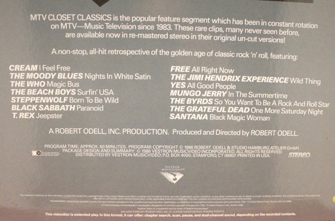 Vintage MTV Closet Classics Laserdisc Music Video Compilation - Etsy