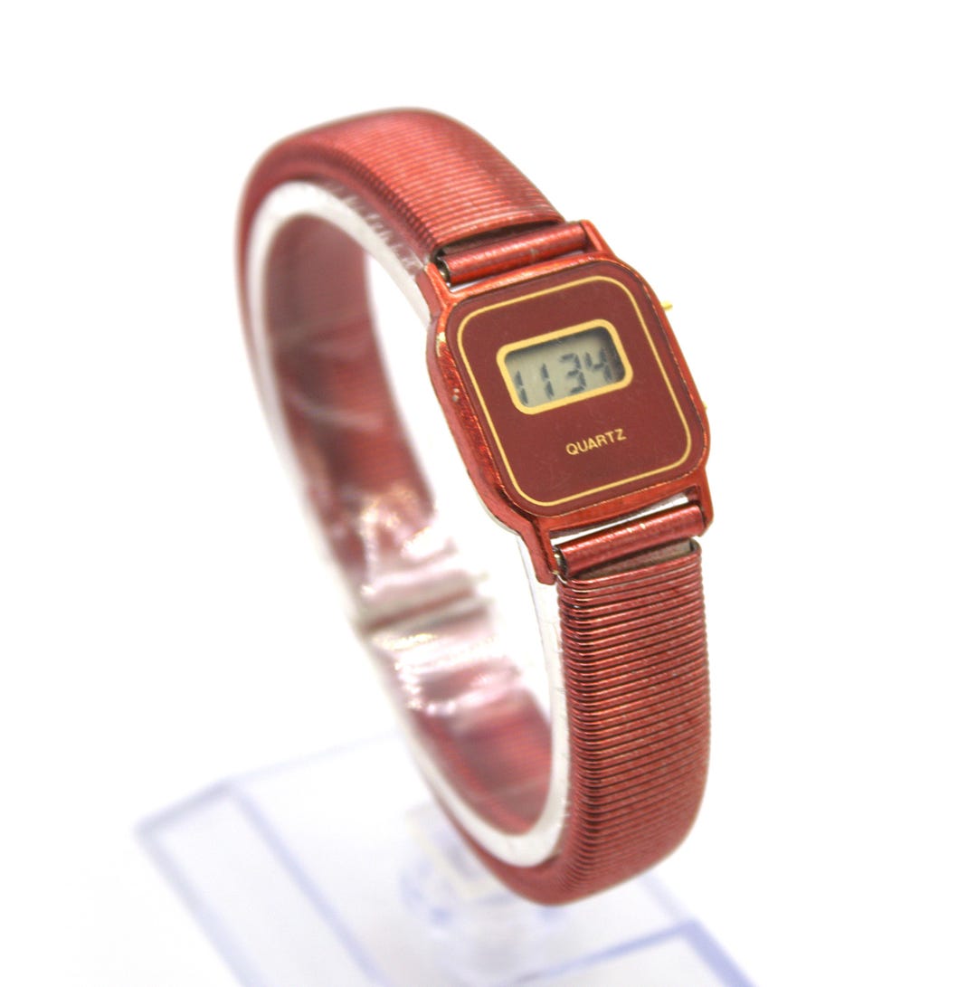 Vintage 1980s Digital Watch LCD Quartz Metallic Red Case and Elastic ...
