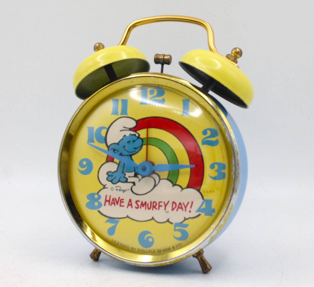 Vintage Smurf Dual Bell Alarm Clock Analog Spring Wound Mechanical ...