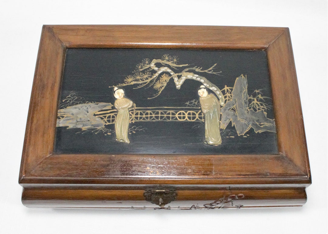 Vintage Jewelry Box Carved Wood Asian Theme Mirrored Hinged Lid Two ...