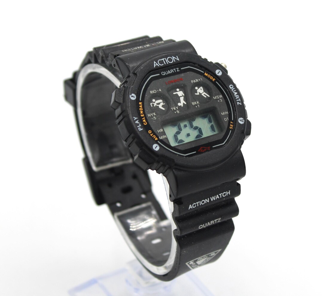 Vintage 1980s Action Sport Digital Watch LCD Quartz Time Display With ...