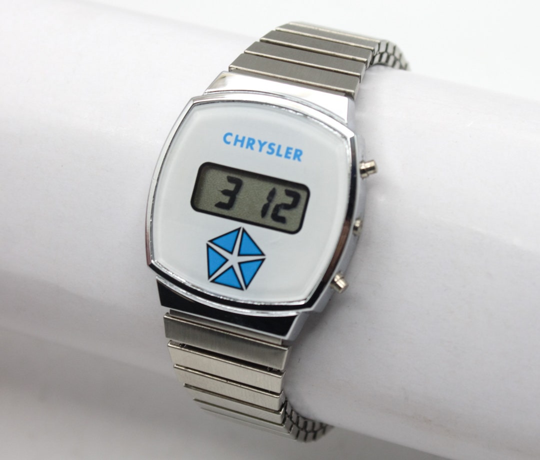 Vintage Chrystler Blue Logo Digital Watch Polished Chrome Silver ...
