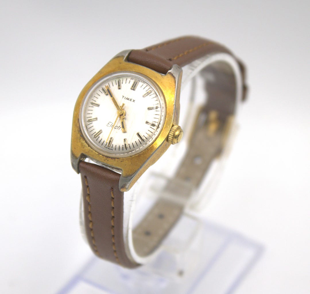 Vintage 1970s Timex Watch Woman's Brass and Brown Leather Analog Silver ...