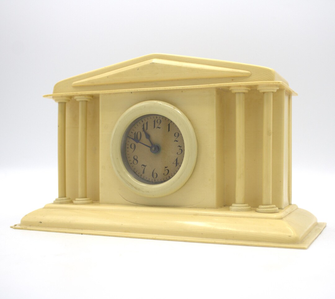 Vintage 1930s Lux Art Deco Clock Celluloid Greek Roman Pillar Mantle ...
