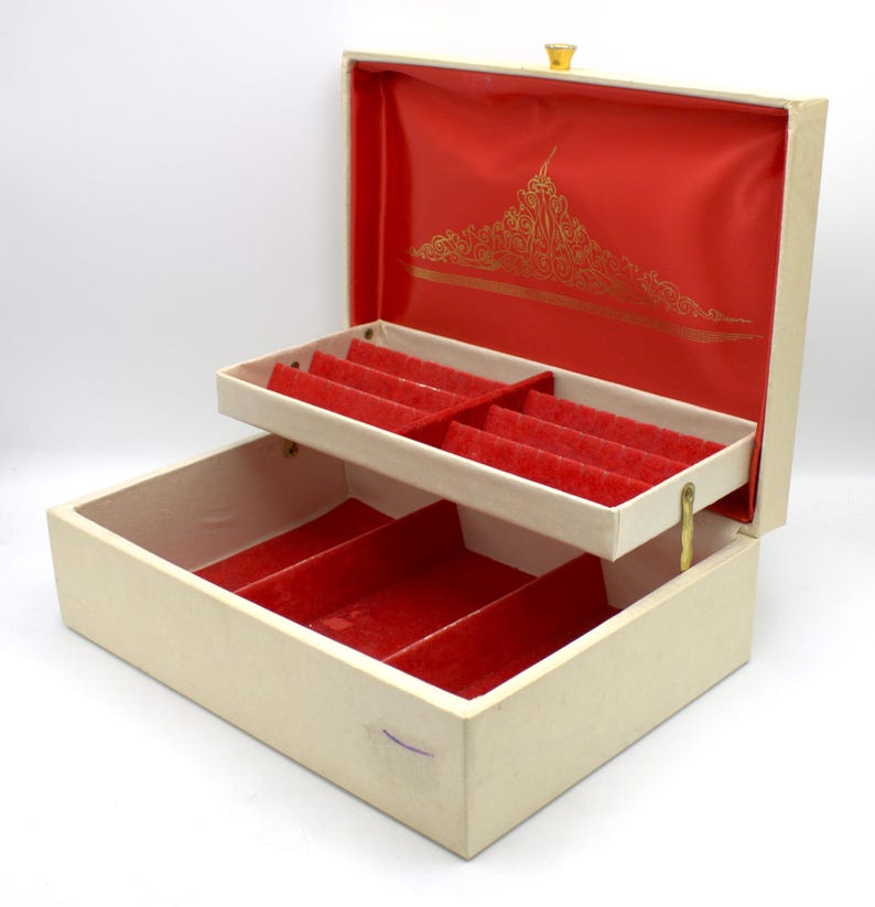 Vintage Buxton Jewelry Box Mid-century White Gold Vinyl Red Velvet ...