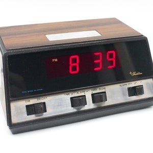 Vintage Digital Alarm Clock Electronic Red LED Time Display Simulated Woodgrain Silver Buzzer ...