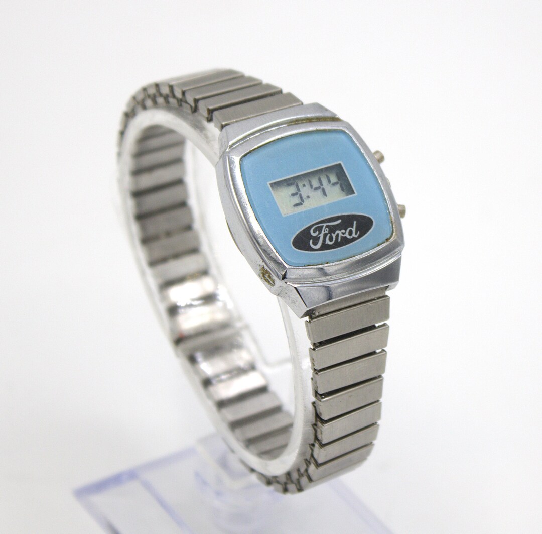 Vintage 1980s Ford Digital Watch Chrome Silver and Blue With Logo LCD ...