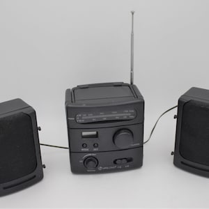 Vintage 1990s Mini Boombox Stereo Detachable Cloth Covered Speakers LCD ...