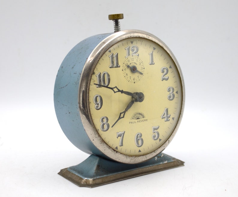 Vintage 1930s Paul Revere Alarm Clock Blue Metal and Chrome Art Deco ...