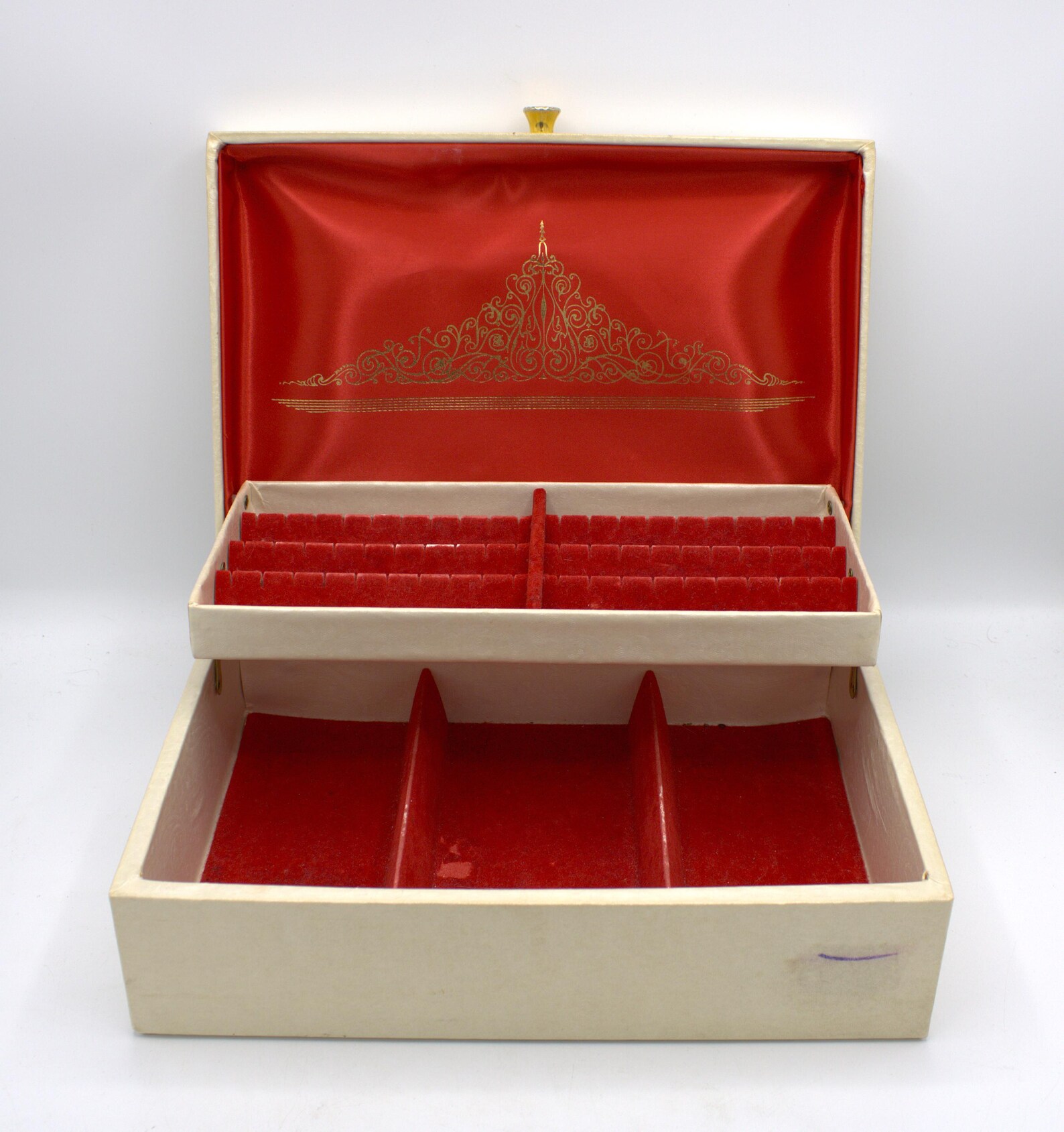 Vintage Buxton Jewelry Box Mid-century White Gold Vinyl Red Velvet ...