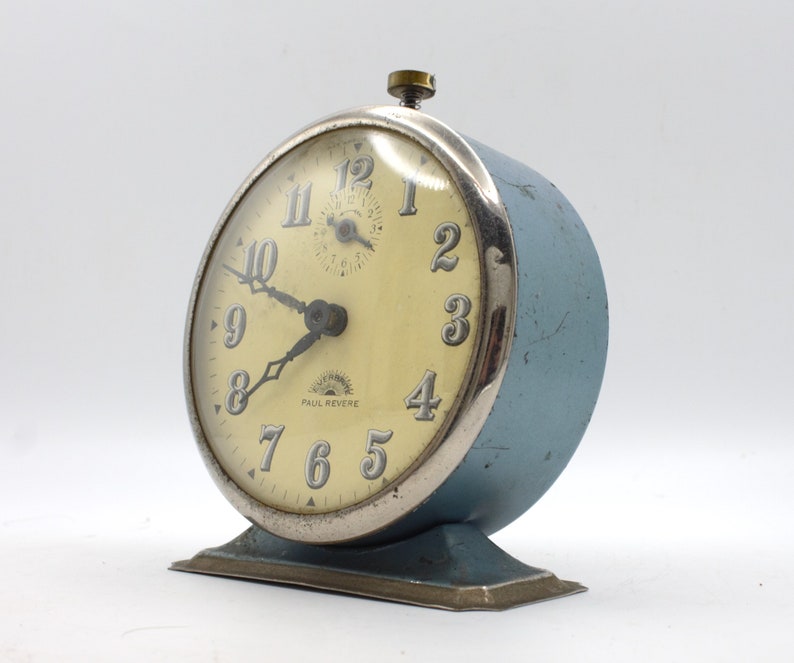Vintage 1930s Paul Revere Alarm Clock Blue Metal and Chrome Art Deco ...