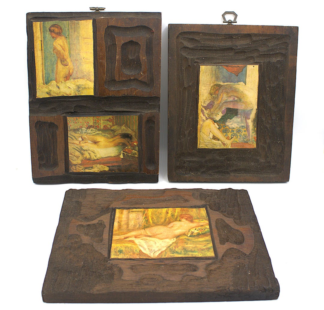 Vintage Nude Paintings On Abstract Rustic Carved Wood Block Art Prints