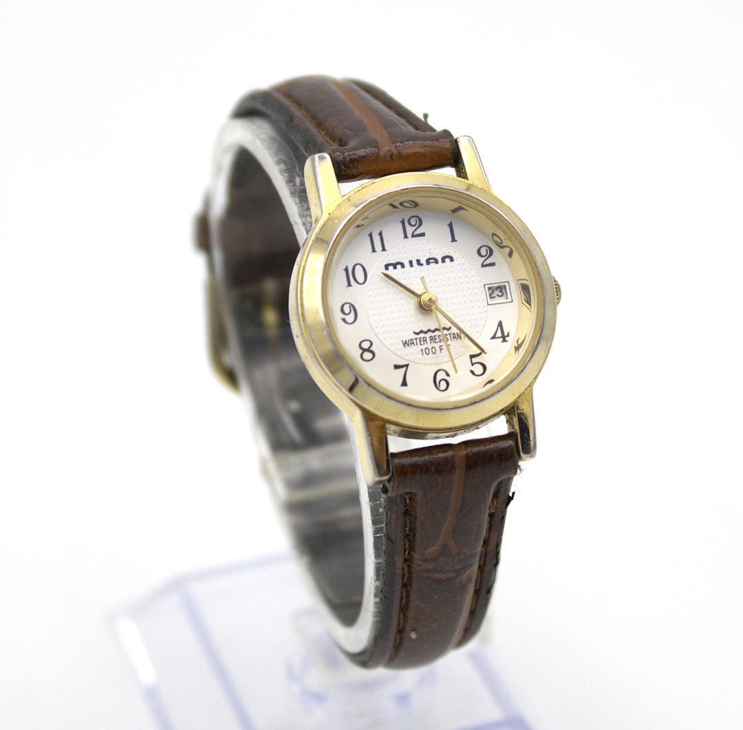 Vintage 1980s Milan Watch Analog Dial Calendar Date Gold Tone Brass ...