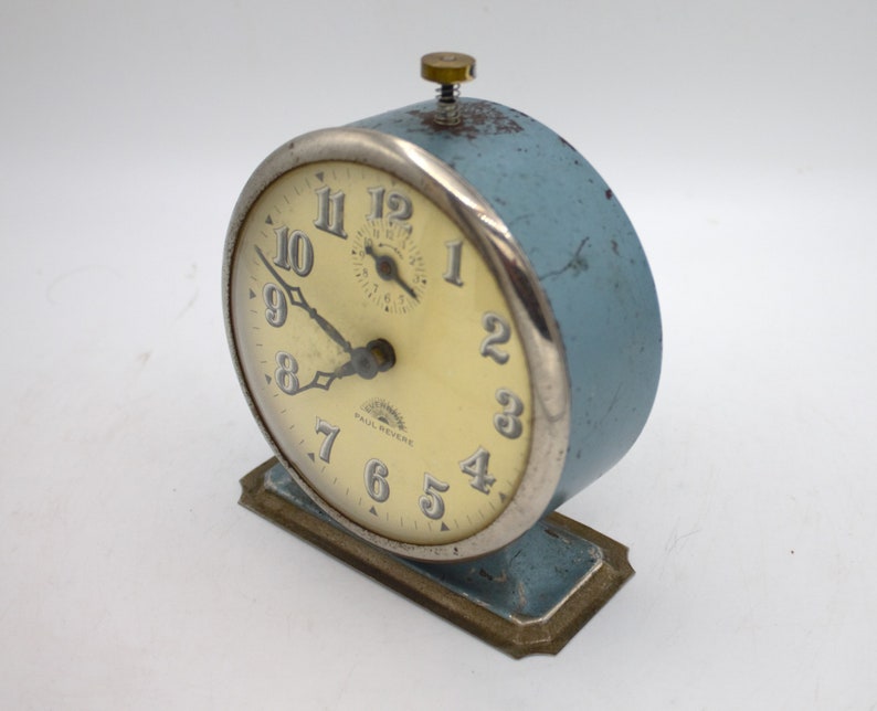 Vintage 1930s Paul Revere Alarm Clock Blue Metal and Chrome Art Deco ...