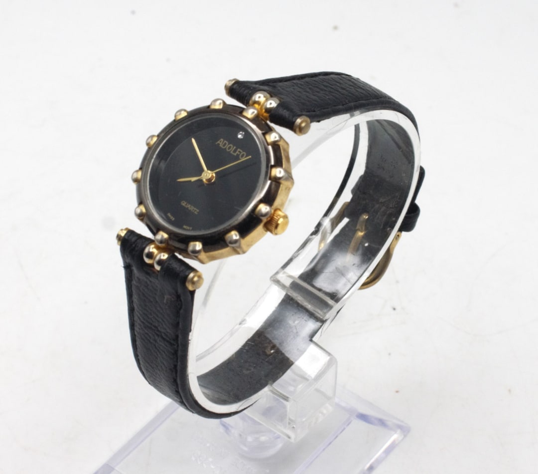 Vintage Wristwatch Adolfo Gold Tone and Black Analog Dial With Clear ...