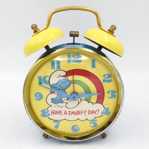 Vintage Smurf Dual Bell Alarm Clock Analog Spring Wound Mechanical ...