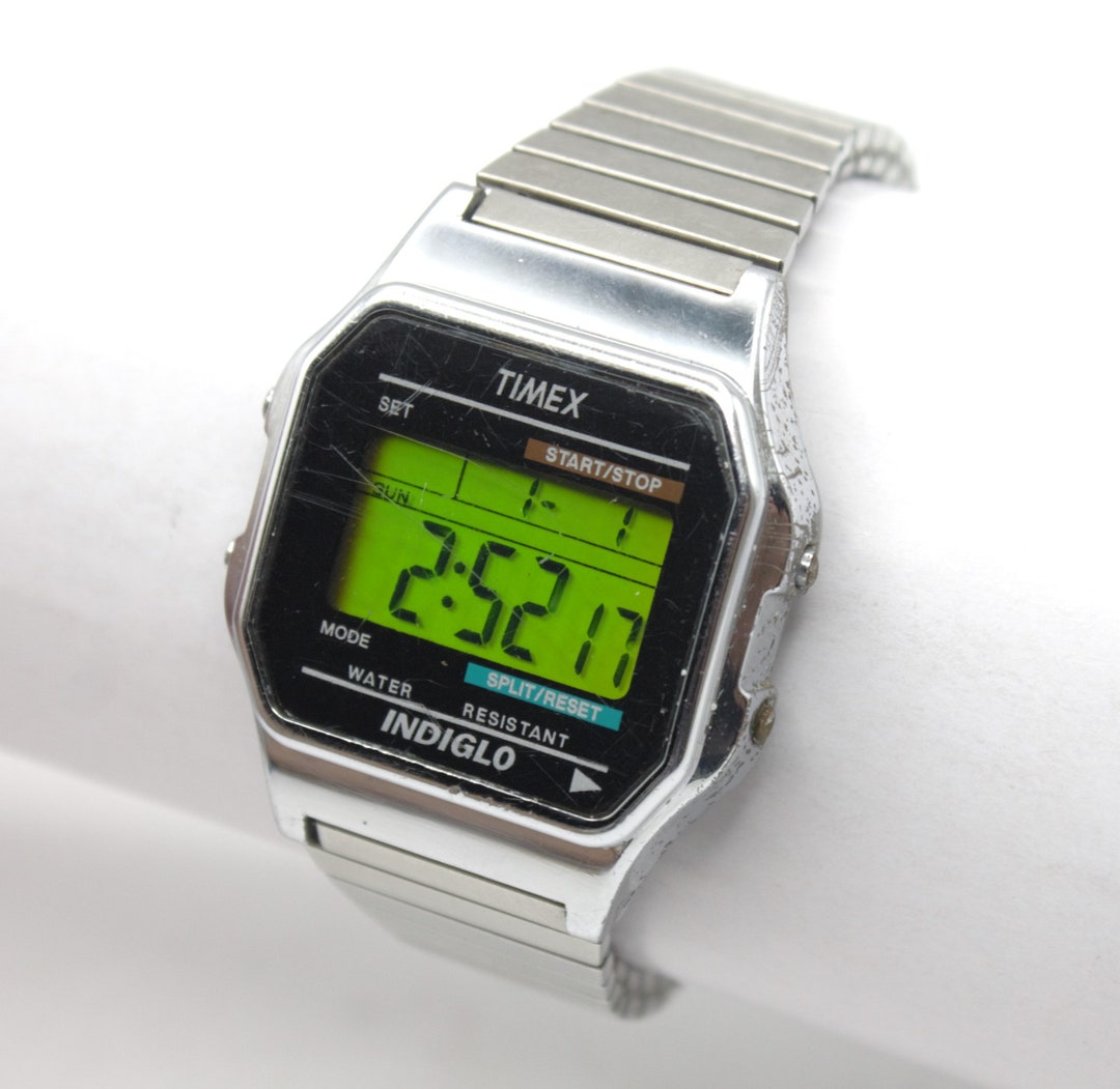 Vintage Timex Digital Watch Chrome Elastic Stainless Steel Band ...