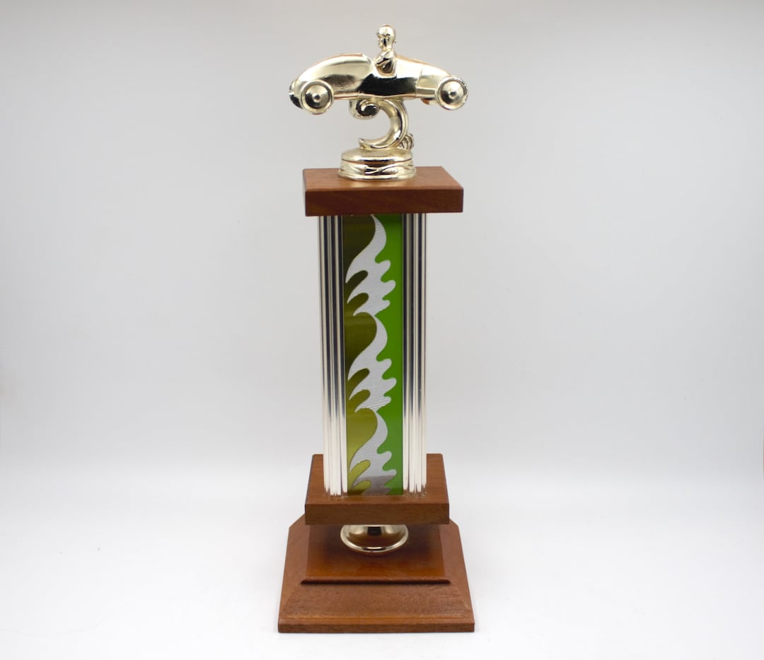 Vintage Auto Racing Trophy Wood Silver Gold Polished Open Wheel Racecar ...