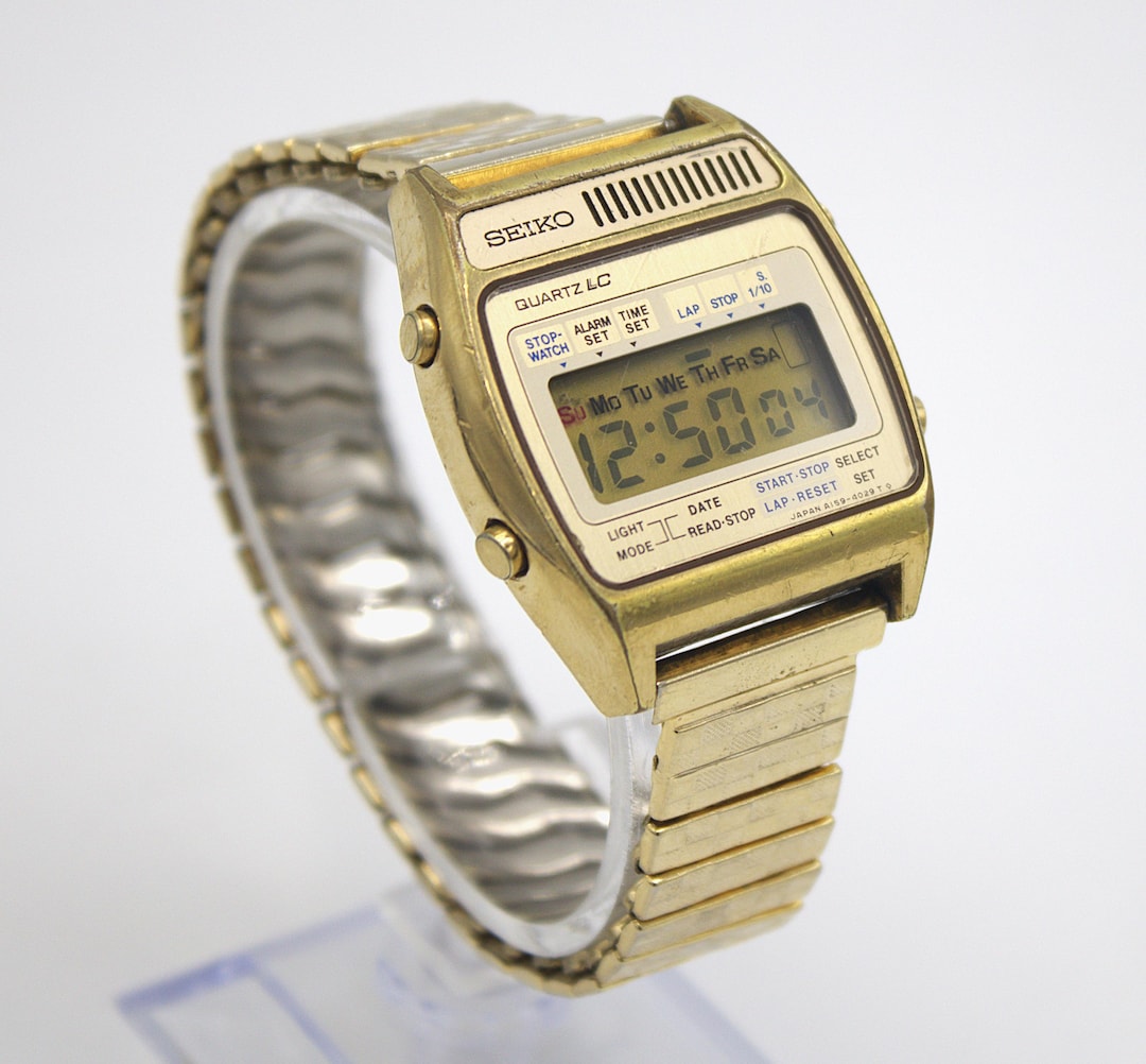 Vintage 1980s Seiko Digital Watch Gold Tone LCD Quartz Chronograph Stop ...