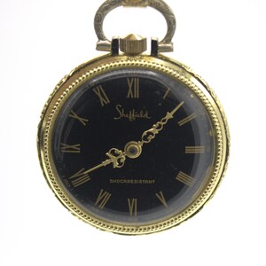 Vintage Sheffield Pocket Watch Gold Tone 1 1/4" Black Analog Dial ...