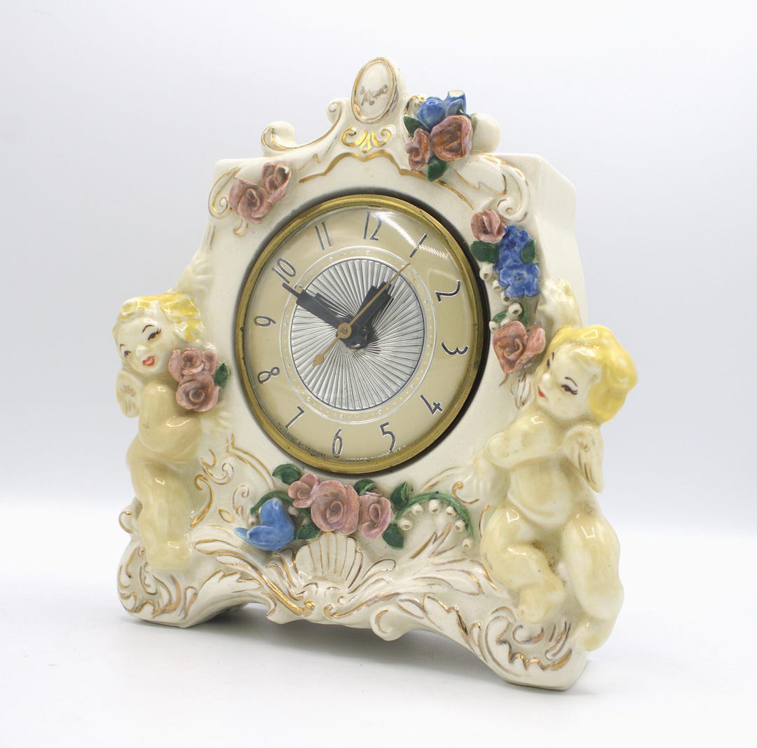 Vintage 1950s Lanshire Cherub Clock Colorful Ceramic Flowers and Birds ...