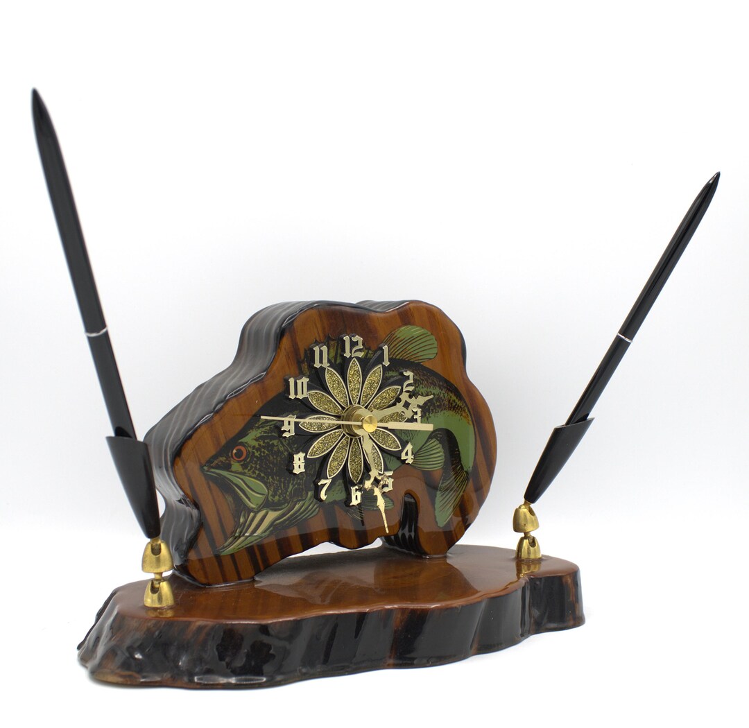 Vintage Midcentury Clock Bass Fish Desktop Two Pen Stand Set Wood Cut ...