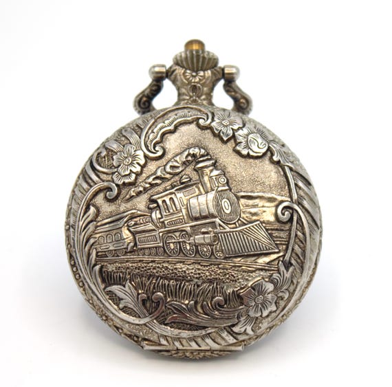 Vintage locomotive pocket watch ornate train detail a… - Gem
