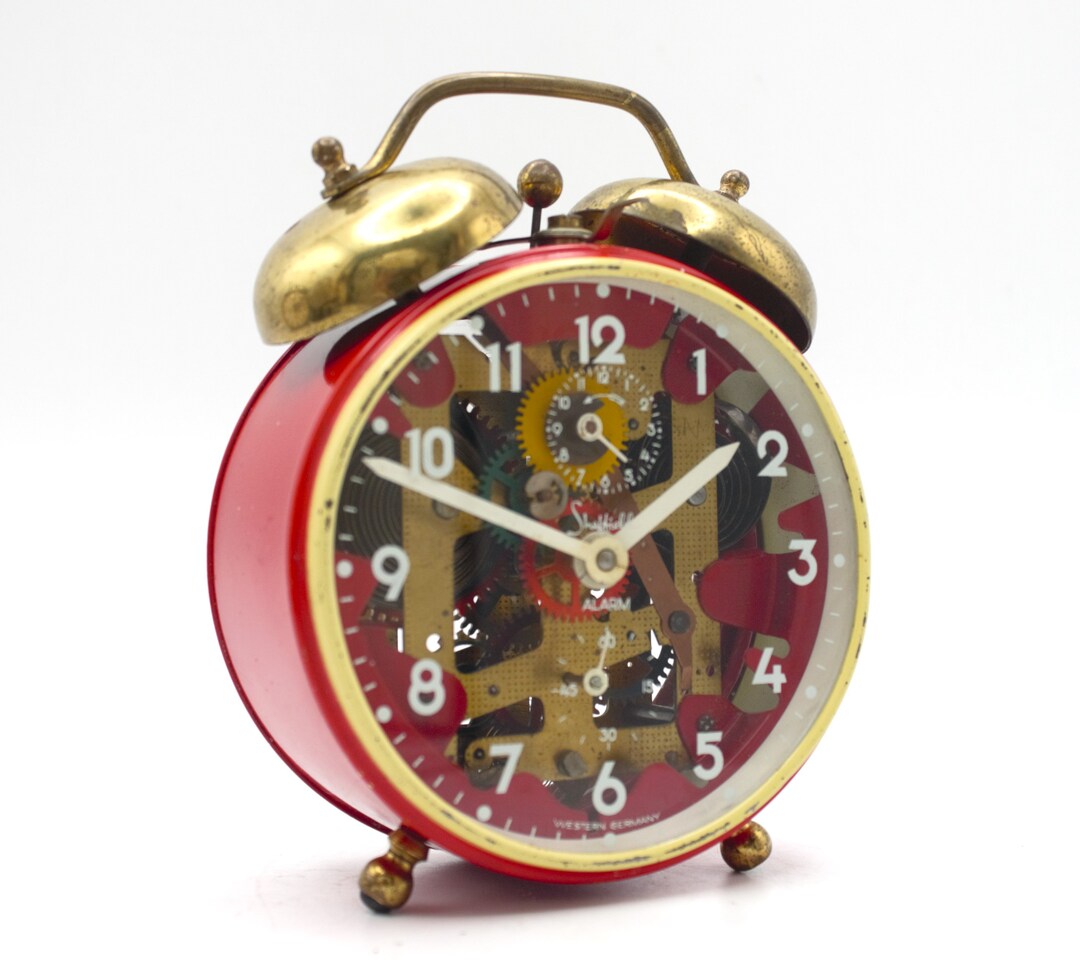 Vintage Dual Bell Alarm Clock Clear Face Visible Gear Brass Spring ...