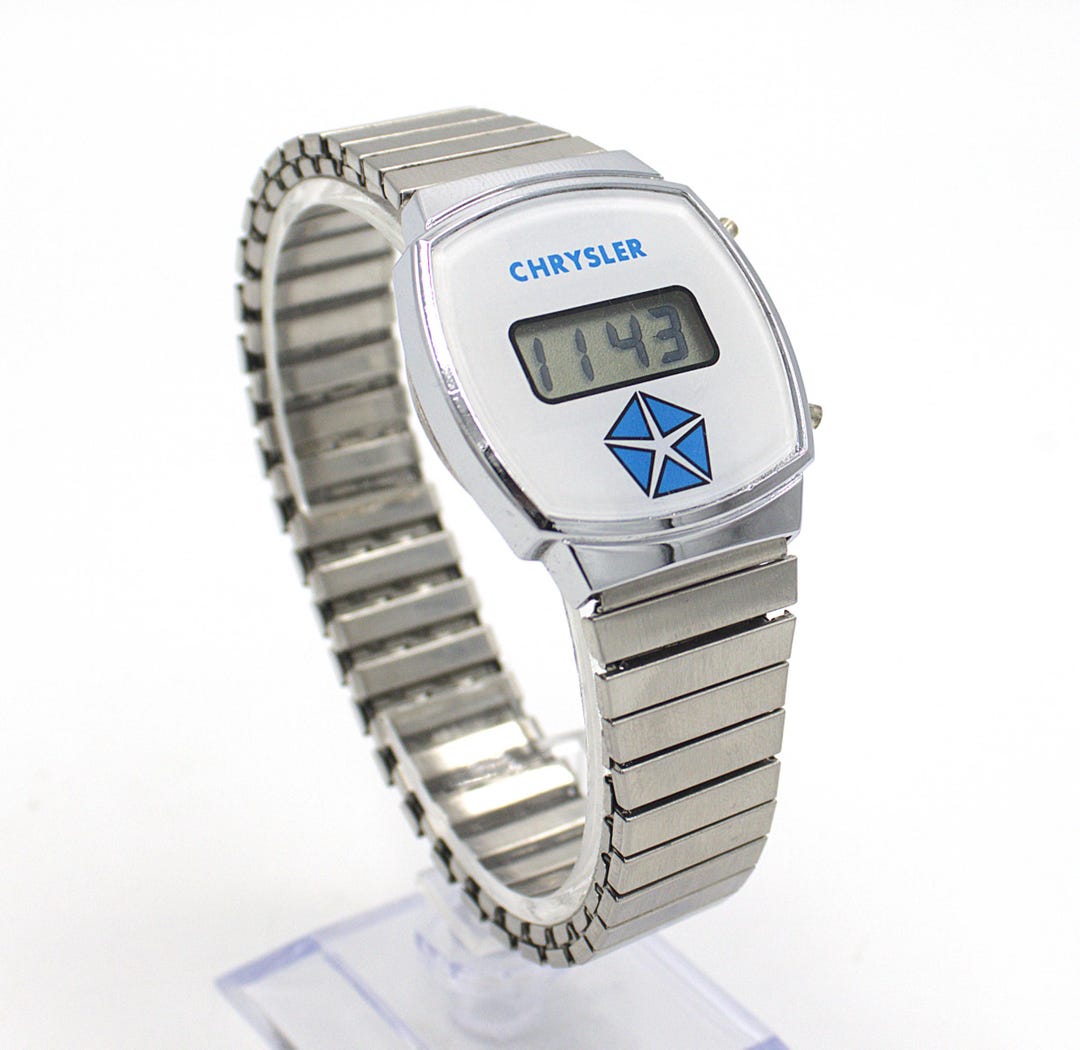 Vintage 1980s Chrystler Blue Logo Digital Watch Polished Chrome Silver ...