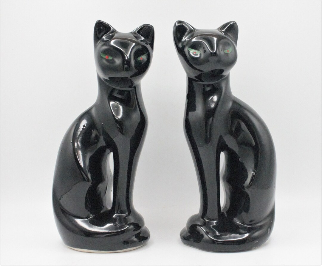 Vintage Art Deco Black Cat Ceramic Art Statues Home Decor Set of Two ...
