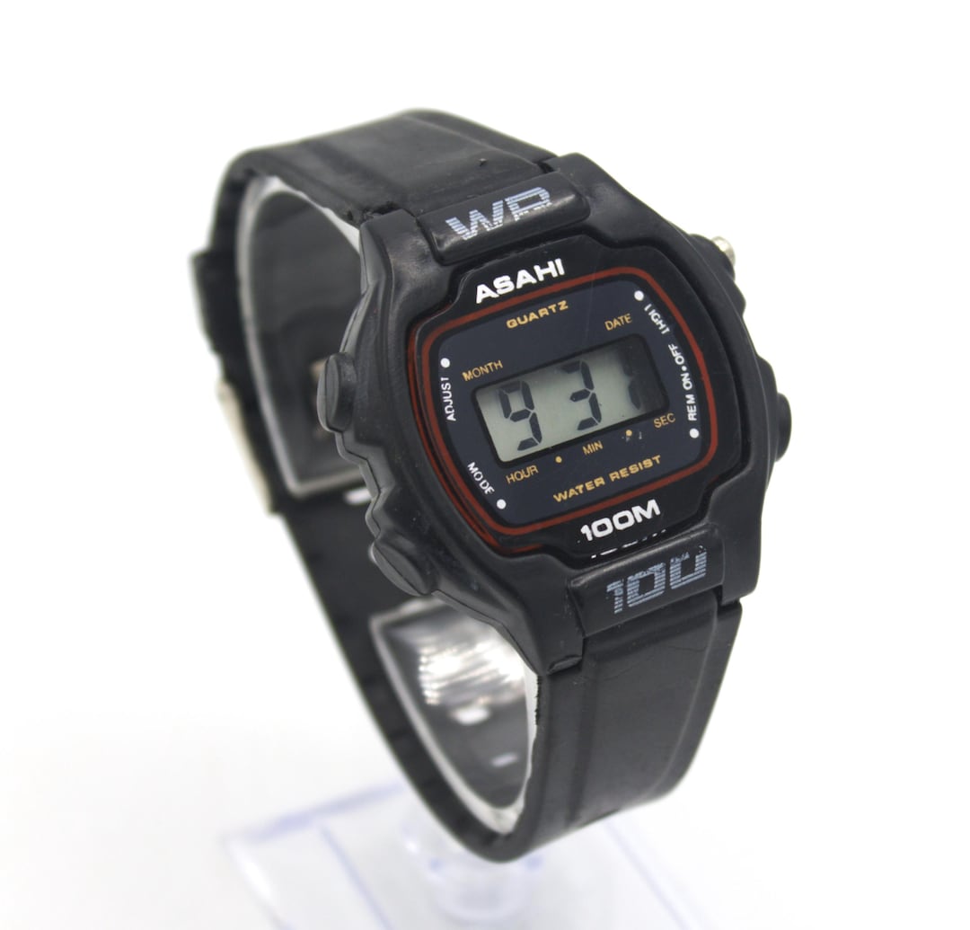 Vintage Asahi Digital Sports Watch 100m Water Resistant LCD Time Date ...