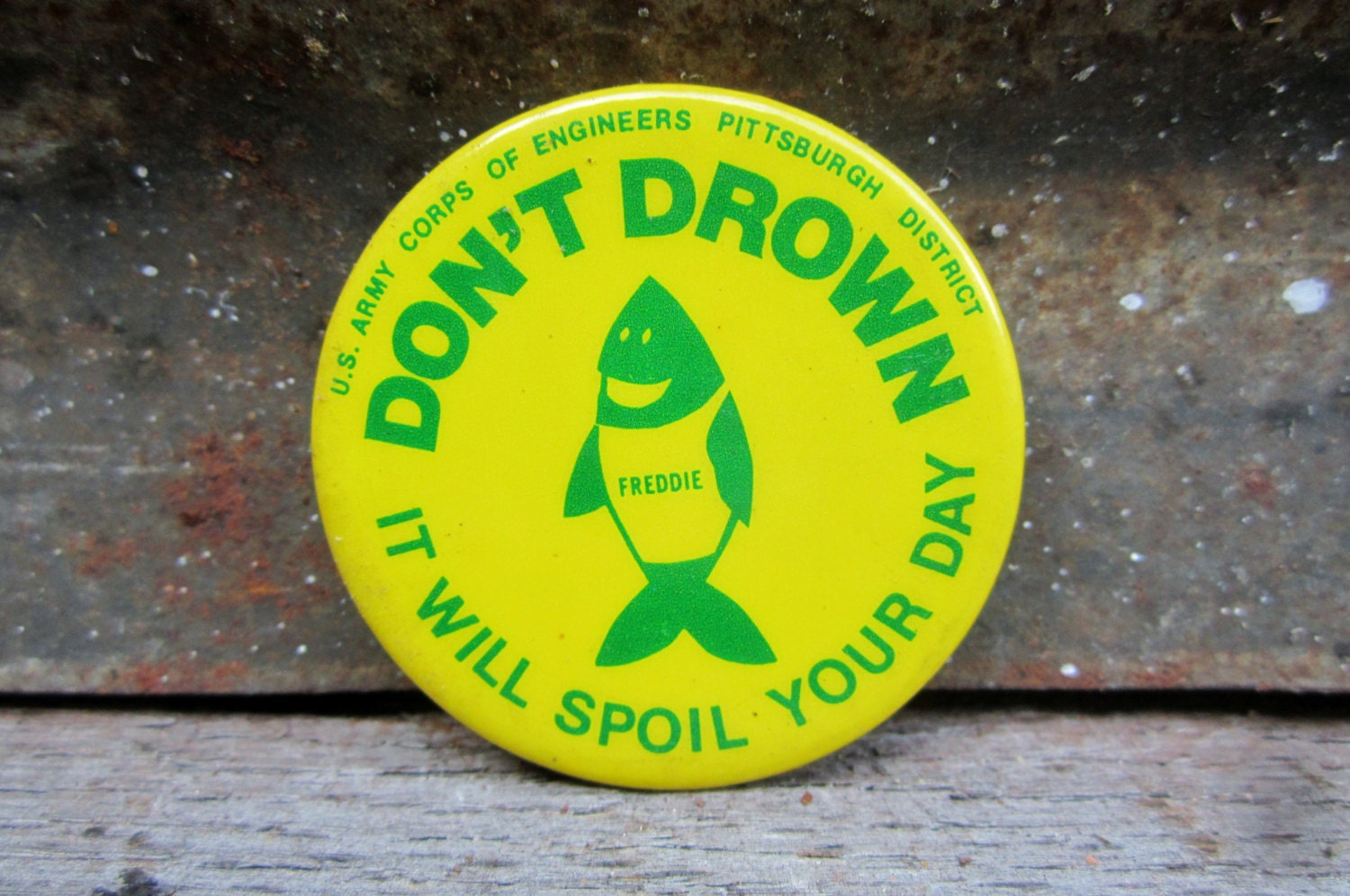 1 Vintage Pinback Button Freddie the Fish Don't Drown It Will Spoil ...