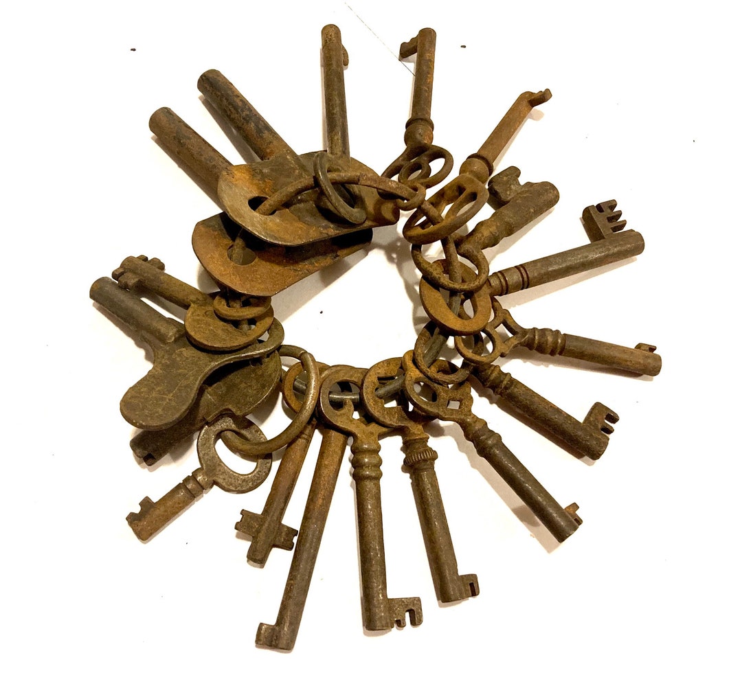 Collection of 19 Antique Brass Keys Metal Barrel Key Vintage Key Skeleton Key Authentic 1800s ...