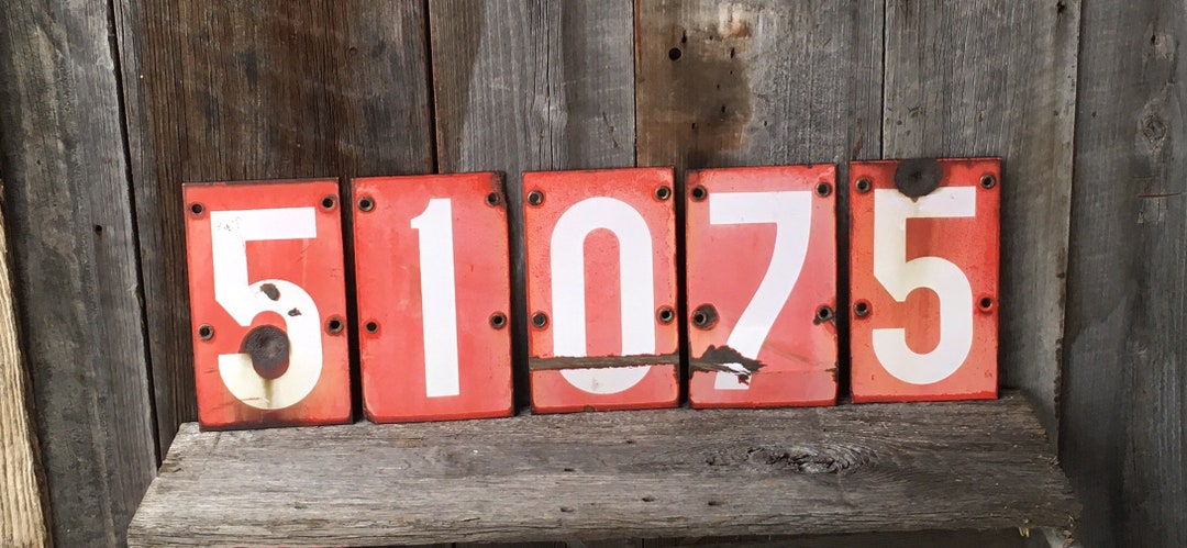 5 Vintage Number Signs Railroad RR Industrial Red Porcelain Sign Train ...