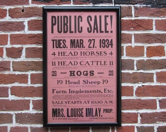Vintage Farm Auction Sale Poster LC Bowers Collinsville Ohio 1944 ...