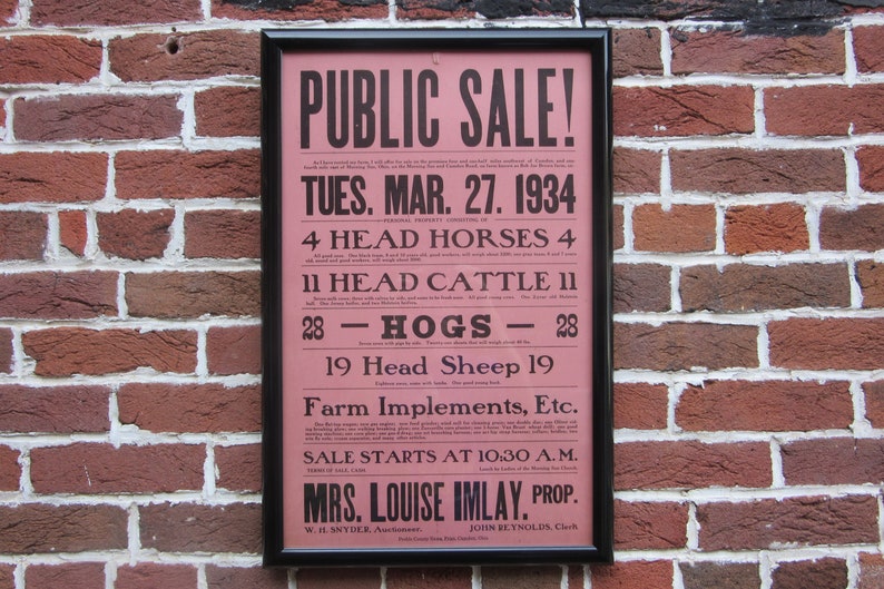 Vintage Farm Auction Animal Sale Poster Original 1930s Camden - Etsy