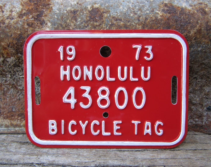 Vintage 1973 Honolulu Hawaii Bicycle License Plate Metal Tag Red ...