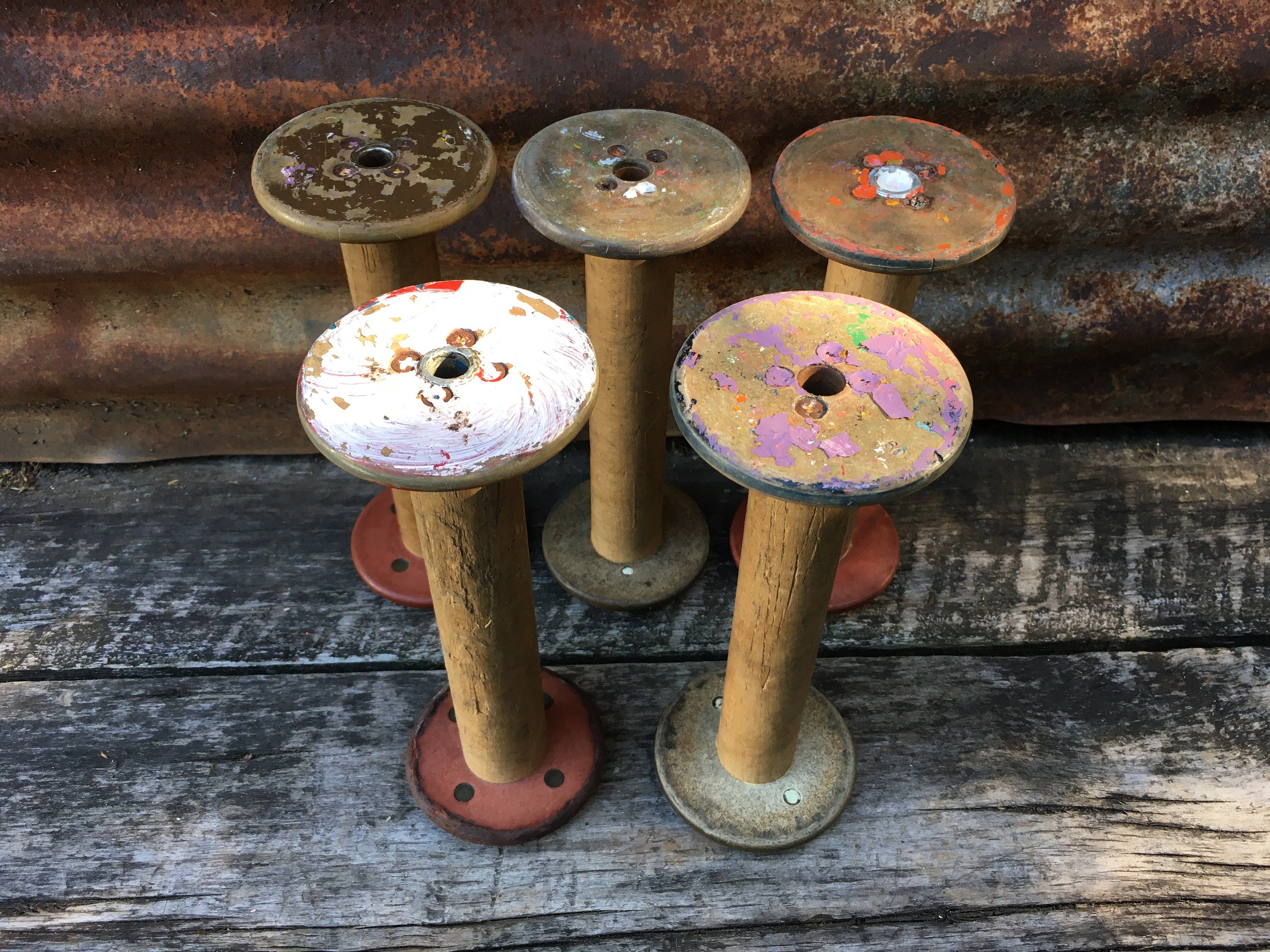 Lot of 5 Primitive Antique Wood Spool Industrial Wooden | Etsy