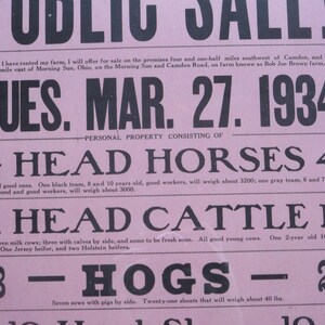 Vintage Farm Auction Animal Sale Poster Original 1930s Camden Ohio ...