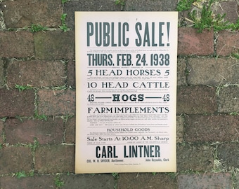 Vintage Farm Auction Sale Poster LC Bowers Collinsville Ohio 1944 ...