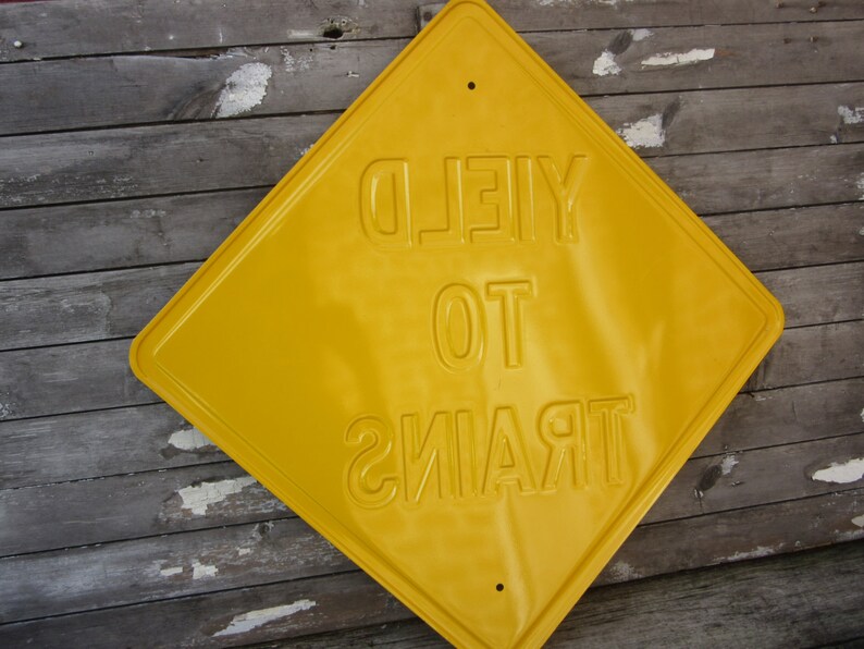 Vintage YIELD TO TRAINS Large Heavy Metal Sign Black & Yellow - Etsy